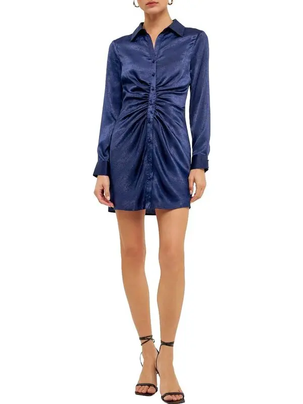 Endless Rose Ruched Long Sleeve Shirtdress - Navy