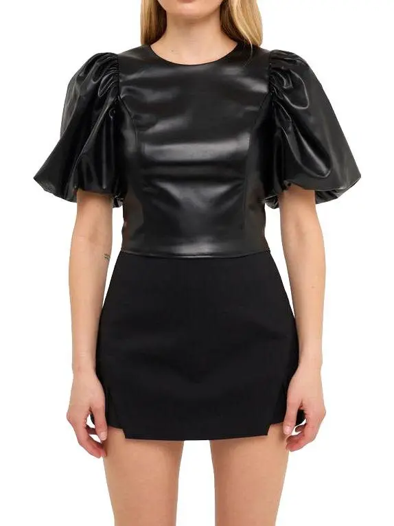 Endless Rose Puff Sleeve Faux Leather Crop Top - Black