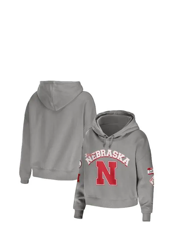 WEAR BY ERIN ANDREWS Nebraska Huskers Mixed Media Cropped Pullover Hoodie - Gray
