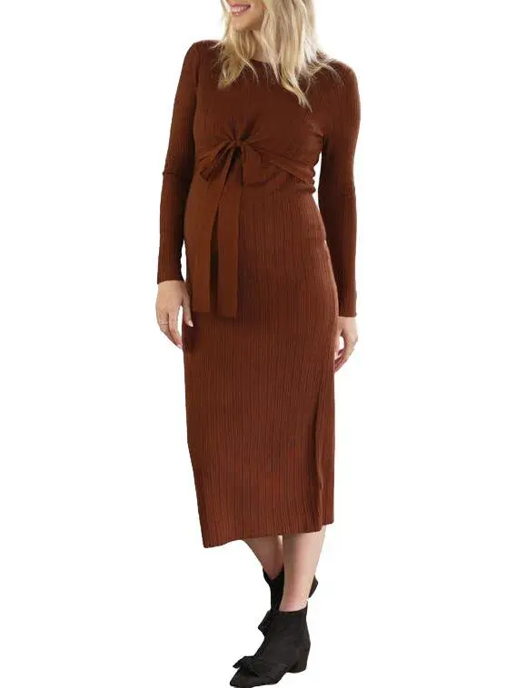 ANGEL MATERNITY Knit Midi Maternity/nursing Dress - Walnut