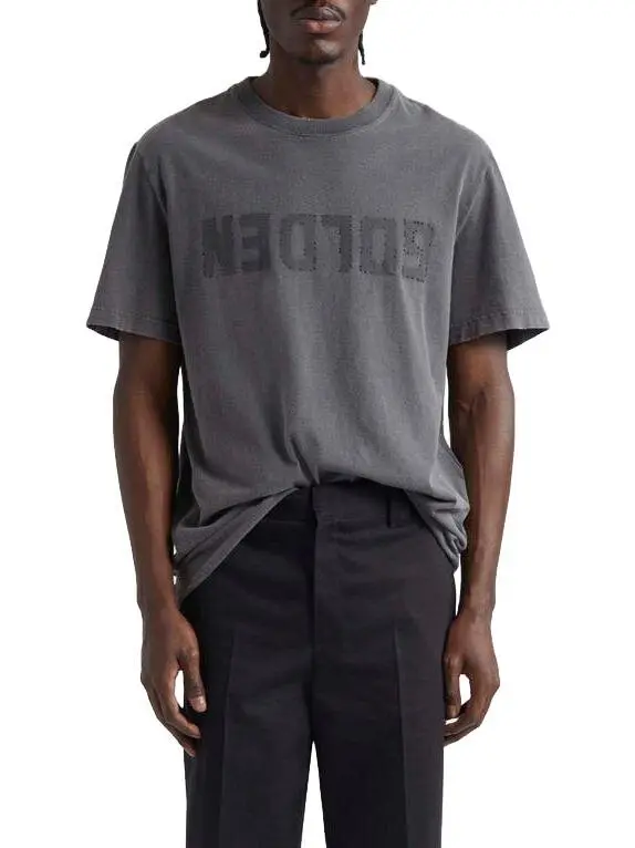 GOLDEN GOOSE Distressed Upside Down Logo Cotton Graphic Tee - Anthracite