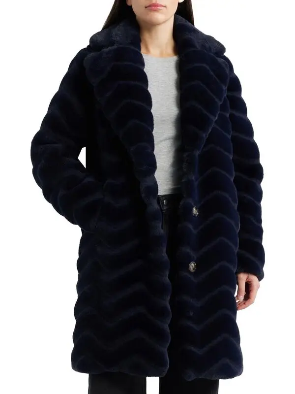 Bernardo Faux Fur Chevron Coat - Navy