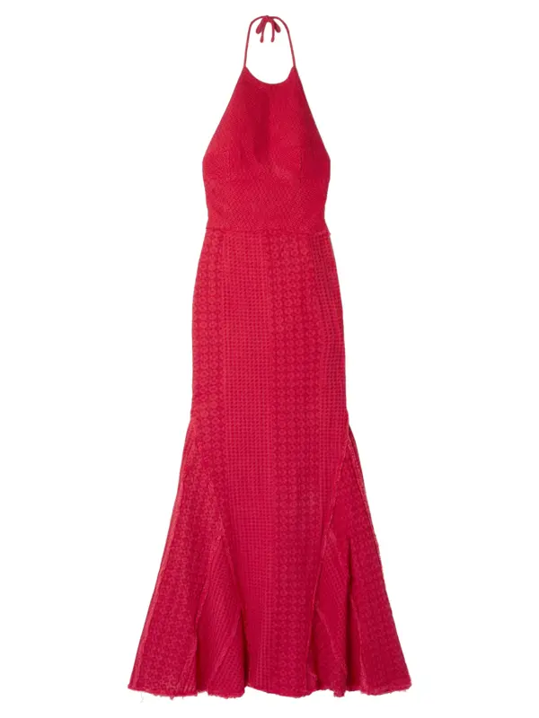 Rue Mariscal Frayed Embroidered Crocheted Halterneck Maxi Dress - Burgundy