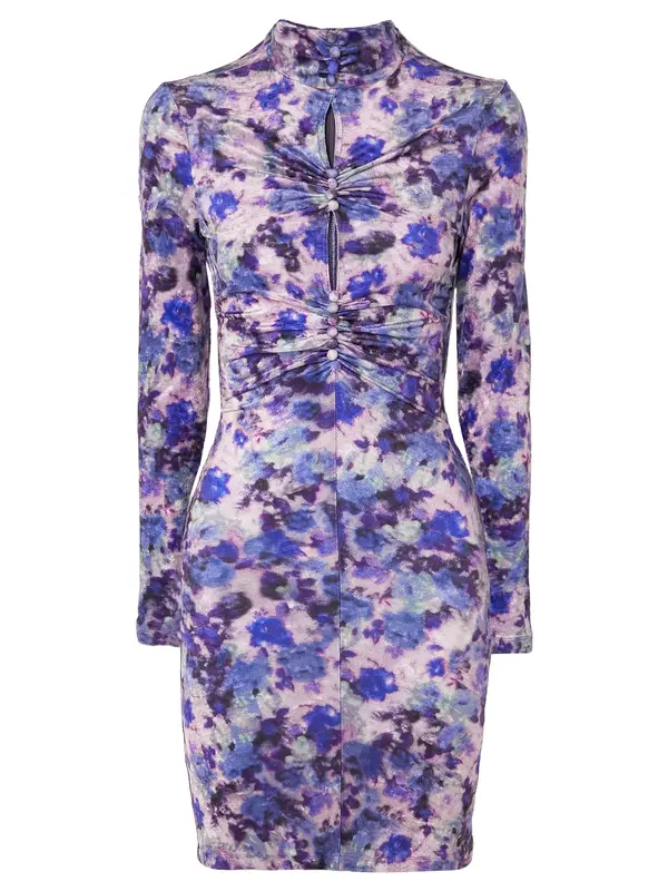Isabel Marant Cutout Ruched Floral Print Mini Dress - Purple