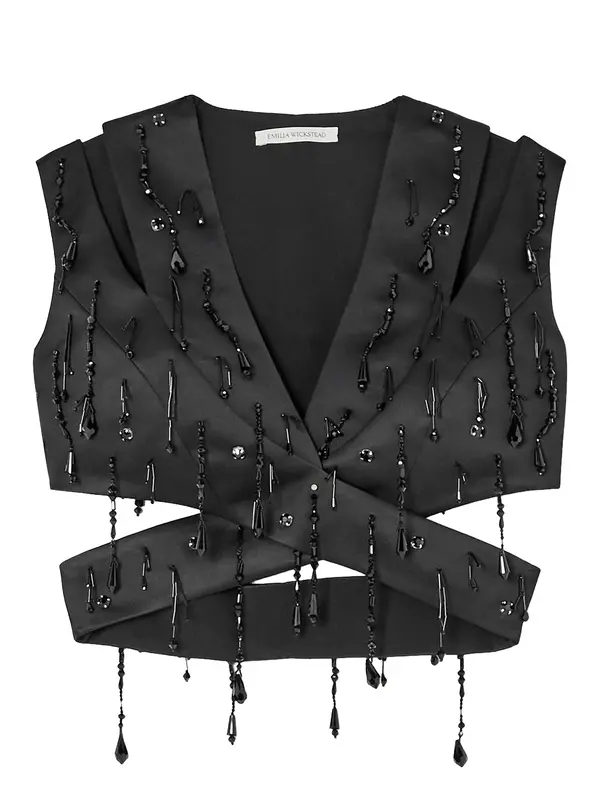 EMILIA WICKSTEAD Tara Cropped Bead-embellished Cutout Duchesse-satin Top - Black