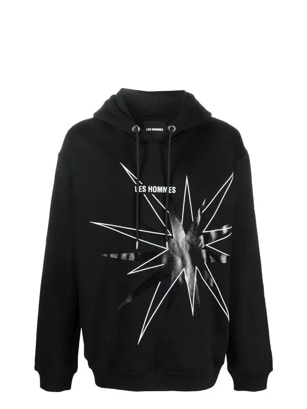 LES HOMMES Star-print Drawstring Hoodie - Black