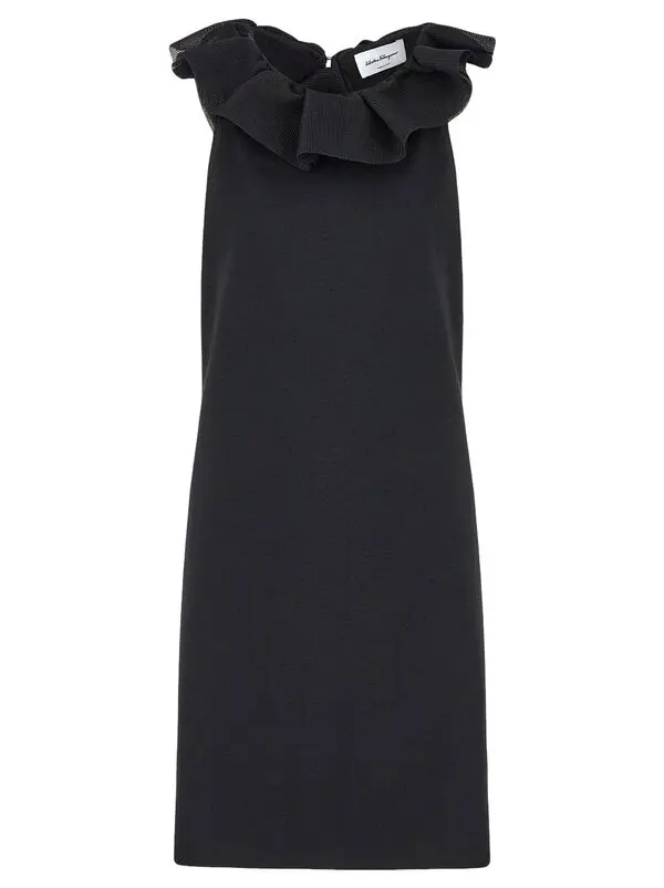 FERRAGAMO Sleeveless Ruffled Neck Wool Blend Dress - Black