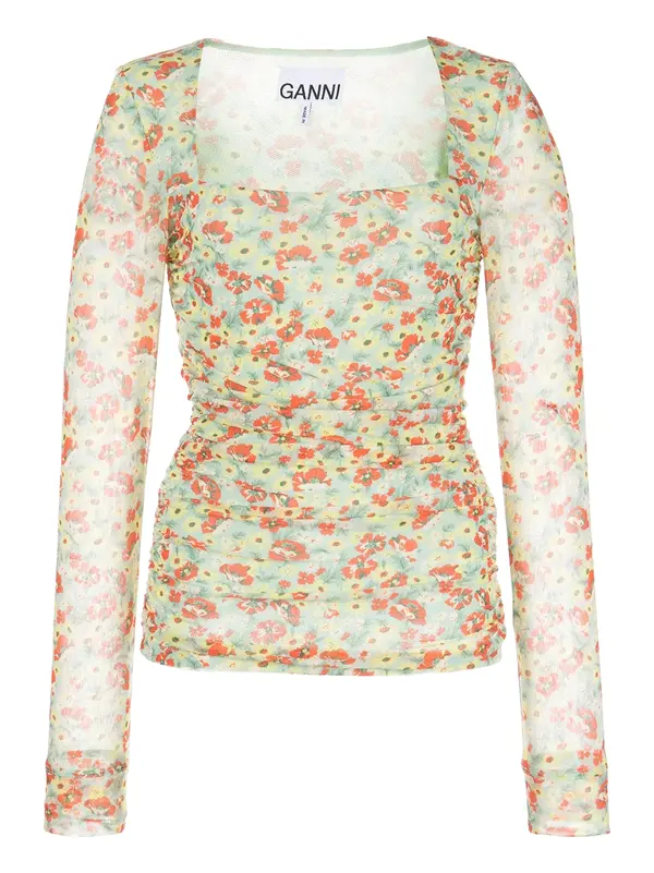 GANNI Floral-print Mesh Top - Blue