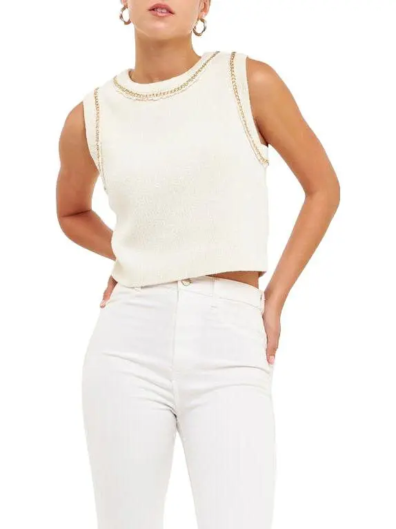 Endless Rose Chain Trim Sleeveless Crop Sweater - Cream