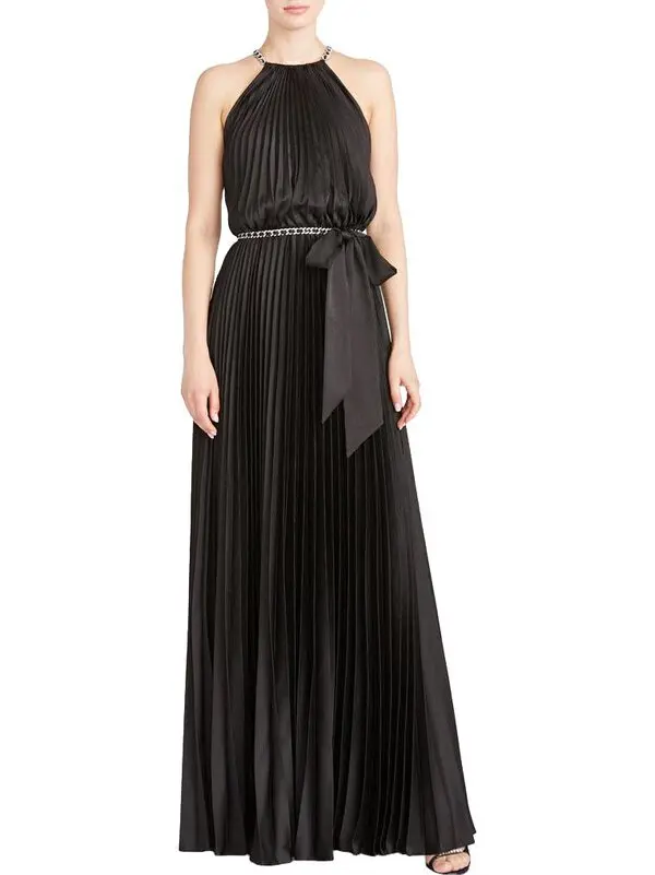 Monique Lhuillier Pleated Chain Detail Satin A-line Gown - Black