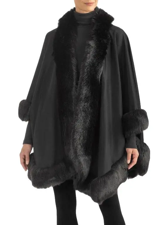 Sofia Cashmere Faux Fur Trim Cashmere Wrap - 001blk