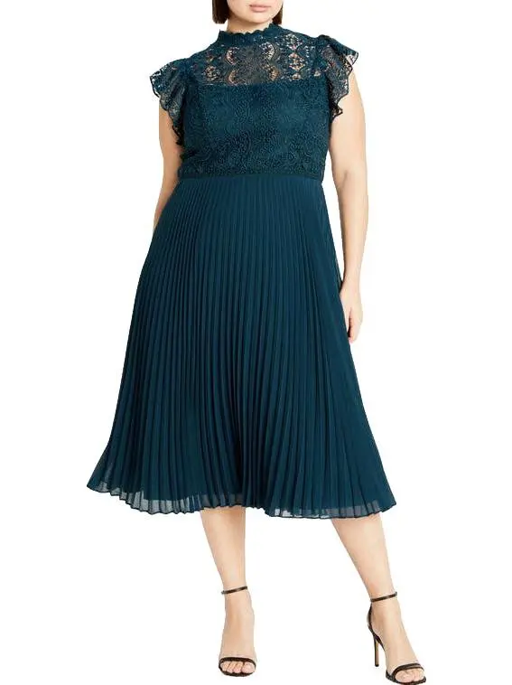 City Chic Livia Lace Yoke Fit & Flare Dress - Peacock