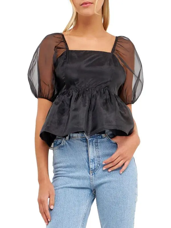 English Factory Organza Peplum Top - Black