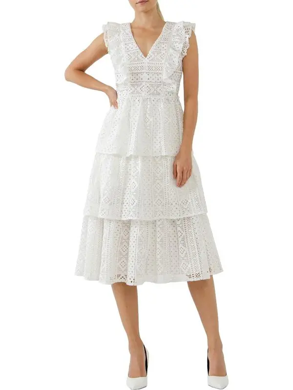 Endless Rose Lace Ruffle Tiered Midi Dress - White
