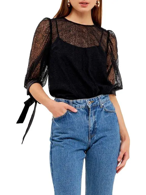 Endless Rose Embroidered Puff Sleeve Blouse - Black