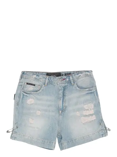 Philipp Plein Denim Shorts With Calfskin Detail - Blue