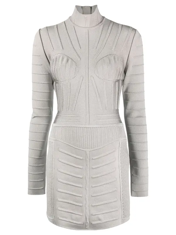 Balmain Ribbed Long-sleeve Mini Dress - Grey