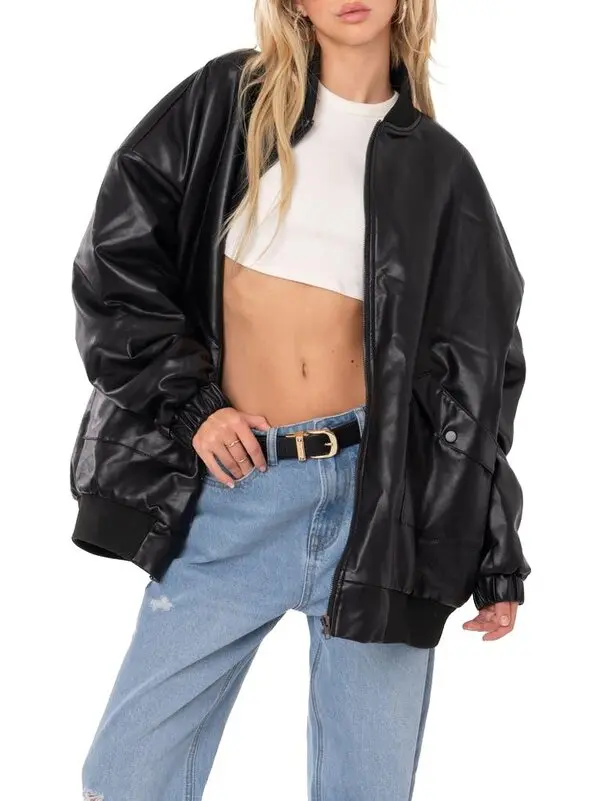 EDIKTED Oversized Faux Leather Bomber Jacket - Black