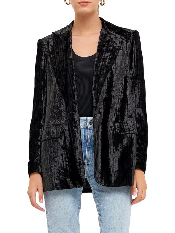 Endless Rose Pleated Crushed Velvet Blazer - Black