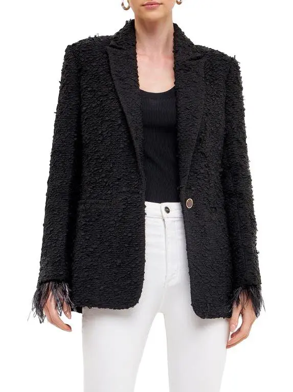 Endless Rose Feather Cuff Tweed Blazer - Black