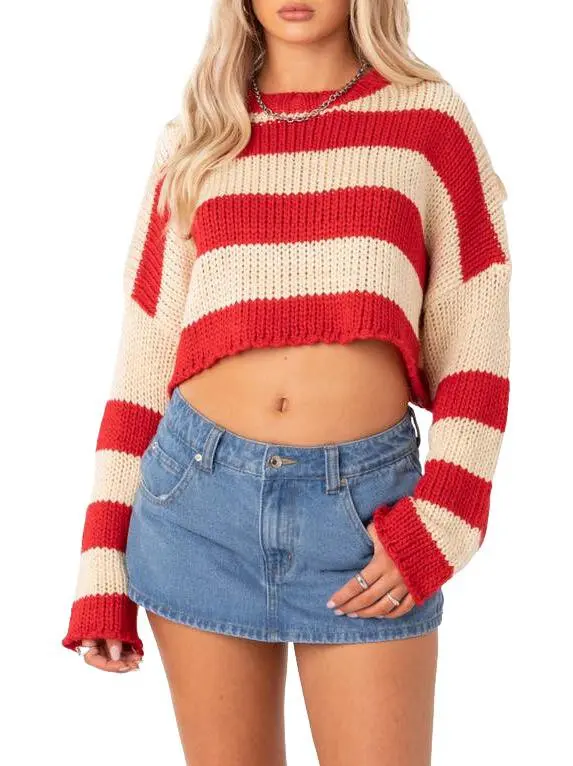 EDIKTED Ozzy Stripe Crop Sweater - Red