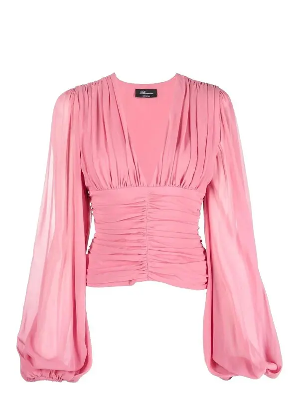 Blumarine Ruched V-neck Silk Blouse - Pink