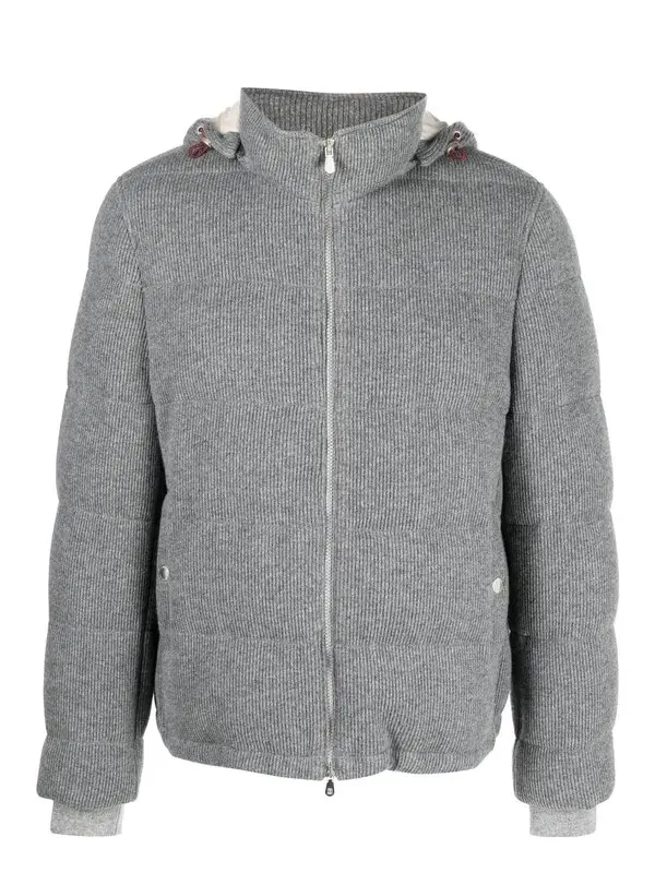 Brunello Cucinelli Ribbed Padded Hooded Cashmere Jacket - Grey