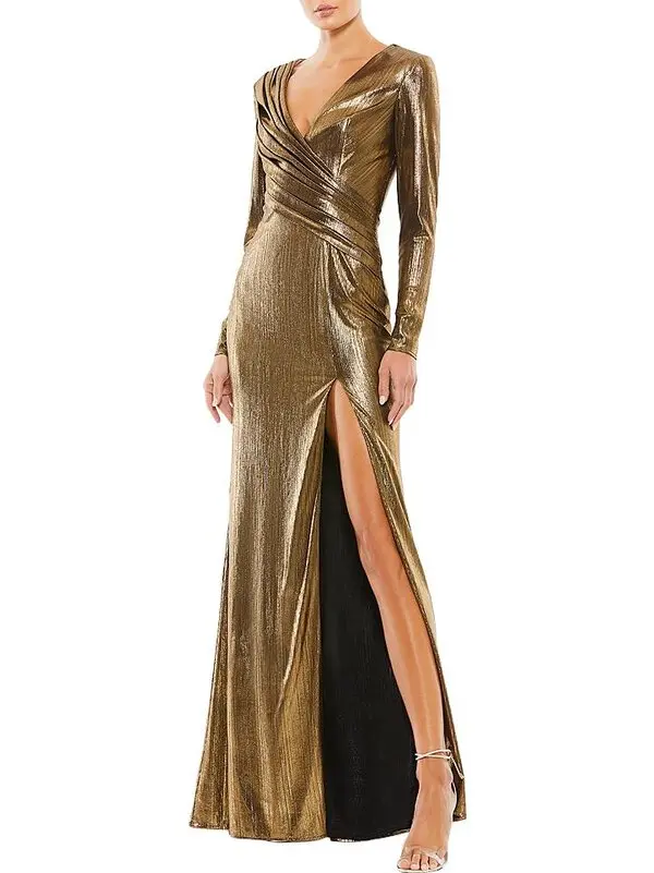 Mac Duggal Metallic Ruched Gown - Gold