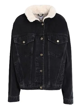 Topshop Denim Trucker Jacket With Sherpa Interior - Black