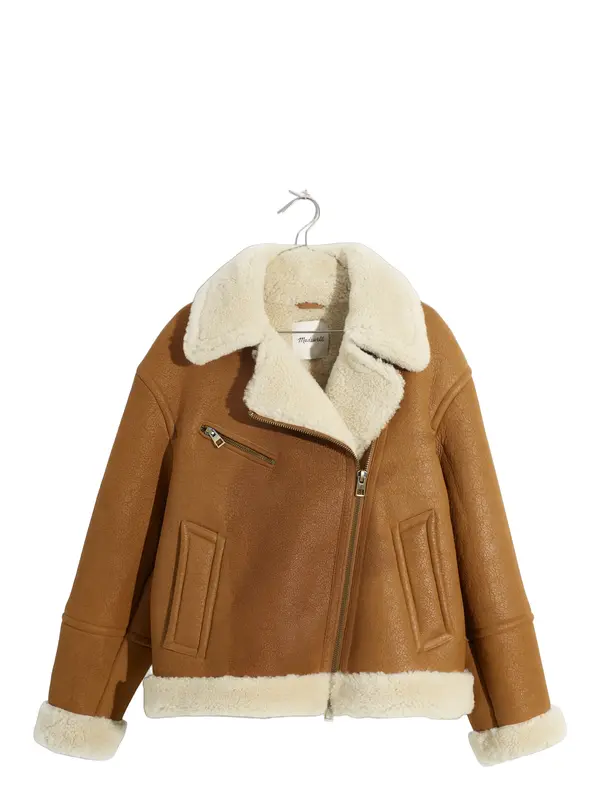 Madewell Oversized Shearling Motorcycle Jacket - Acorn