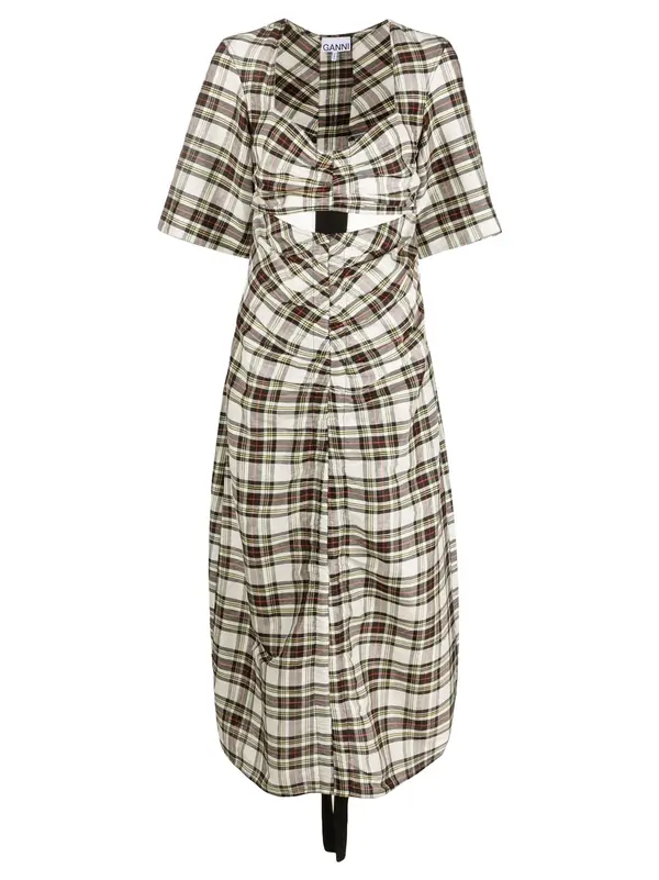 GANNI Ruched Plaid Midi Dress - Black