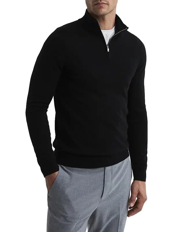 REISS Merino Funnel Neck Half Zip Pullover - Black