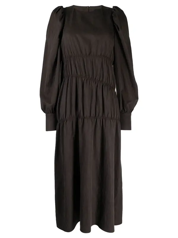 Goen.j Ruched Puffed-sleeve Midi Dress - Brown