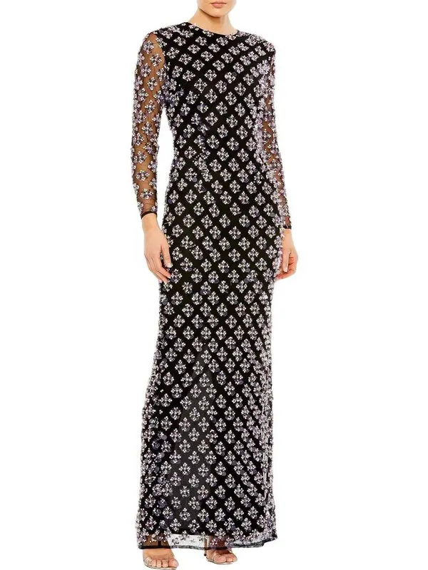 Mac Duggal Beaded Long-sleeve Gown - Black