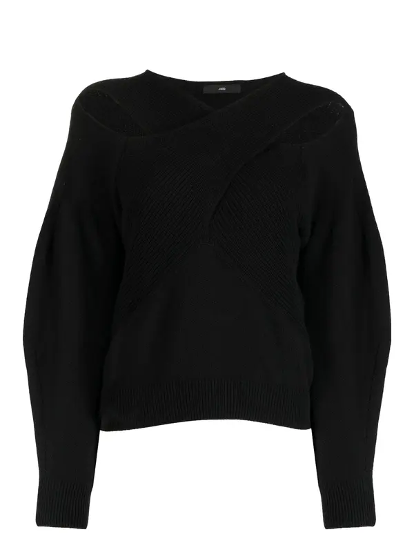 J KOO Crossover-neck Ribbed-knit Jumper - Black