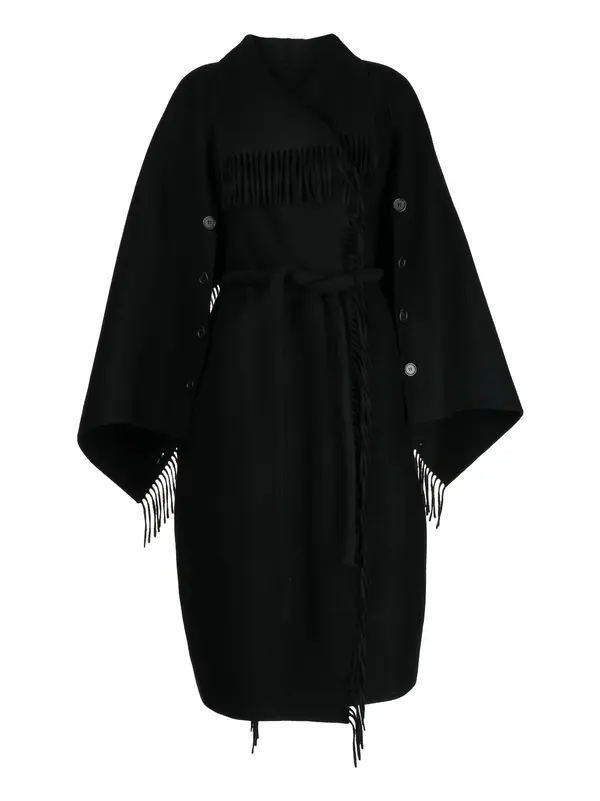 Goen.j Double-breasted Wool Coat With Fringe Detail - Black