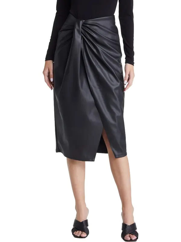 OPEN EDIT Wrap-front Faux Leather Midi Skirt - Black