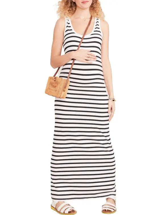 Hatch The Long Body Cotton Maternity Tank Dress - Black/white Stripe