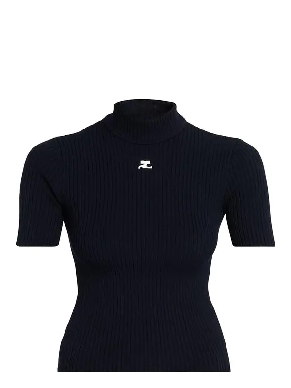 COURREGES Mock-neck Rib Pullover - Navyy
