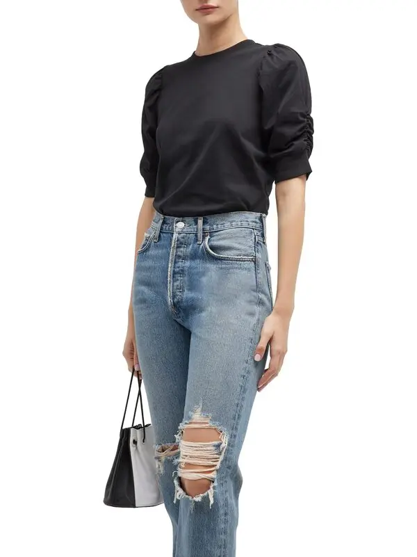 FRAME Frankie Ruched Puff Sleeve Tee - Noir