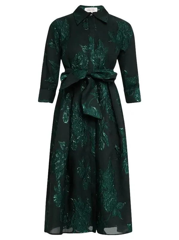 Rickie Freeman For Teri Jon Jacquard Floral-print Shirtdress - Emerald
