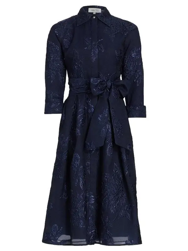 Rickie Freeman For Teri Jon Jacquard Floral-print Shirtdress - Navy