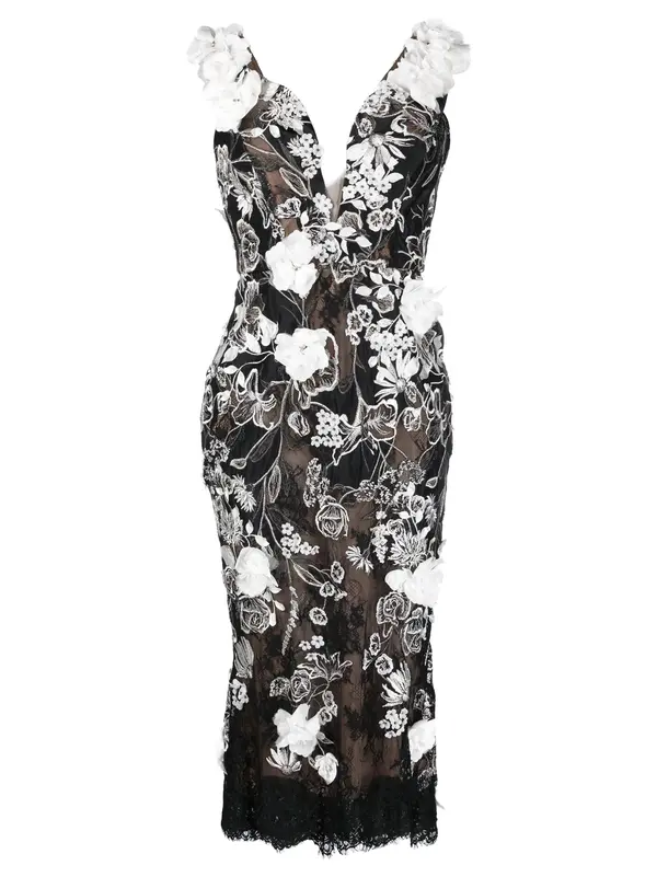 Marchesa Floral-appliqué Midi Dress - Black