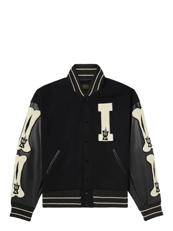 Kapital Faux Leather And Wool-blend Varsity Jacket - Black