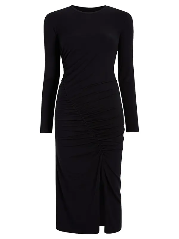 Another Tomorrow Ruched Long Sleeve Midi Dress - Black