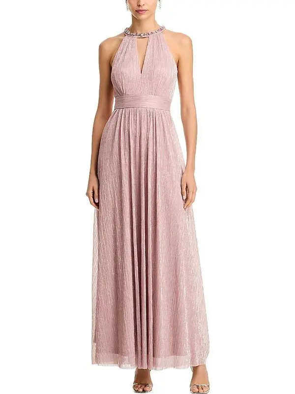 Eliza J Shimmering Cutout Halter Gown - Blush