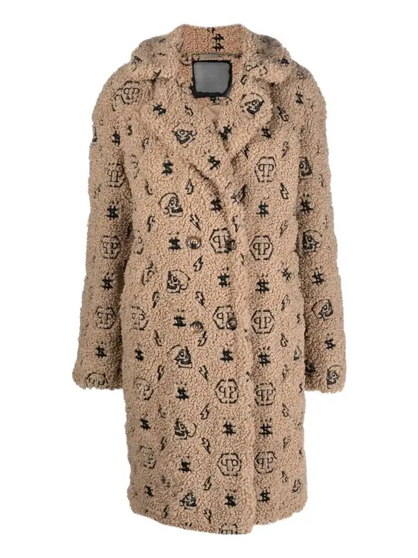 Philipp Plein Faux-fur Embroidered-monogram Coat - Neutrals