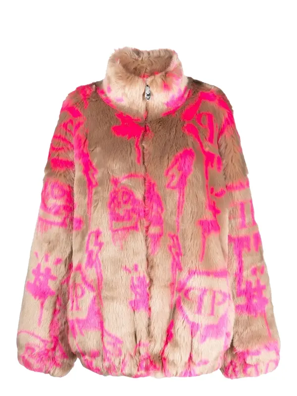 Philipp Plein Monogram Faux Fur Coat - Pink