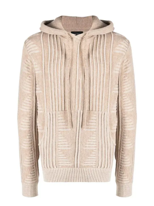 Emporio Armani Ribbed-knit Long-sleeved Hoodie - Neutrals