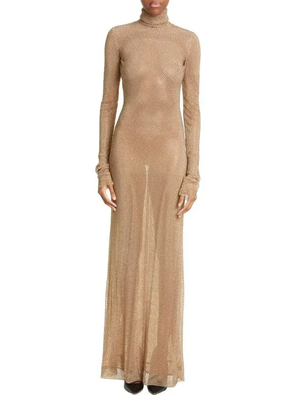 LAQUAN SMITH Studded Long-sleeve Gown - Gold